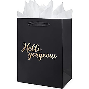 JIASHUYEYE 11" Black Gift Bag with Tissue Paper for Birthday, Wedding, Bridal Shower, Any Occasion - 6 Pack