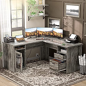 Unikito L Shaped Desk with Drawers, 60 Inch Corner Computer Desks with USB Charging Port and Power Outlet, Large L-Shaped Office Table, 2 Person Home Office Desk with File Cabinet, Black Oak