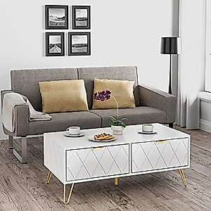 Scurrty 39.4'' Coffee Table with Large Drawers & 2 Open Storage Shelves, White Modern Coffee Tables with Gold Metal Handles for Living Room, Bedroom and Study (White)