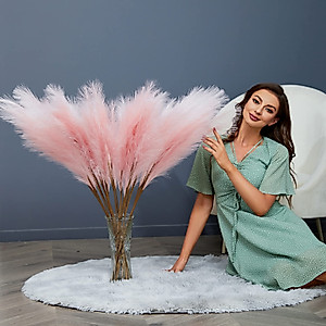 FOTEEWL 8 PCS Faux Pampas Grass Decor 38"/3.1FT Tall Fake Pompas Floral Large Artificial Pompous Grass Branches Plants for Floor Vase Filler Home Boho Decoration (Pink)
