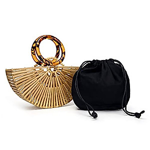 summer beach holiday bamboo woven bag retro portable straw woven bag Tote Bamboo Handbag Bown straw bag Acrylic rattan bag drawstring beach bags for summer (X-Small(10.23"x11"x3.2")),Natural)
