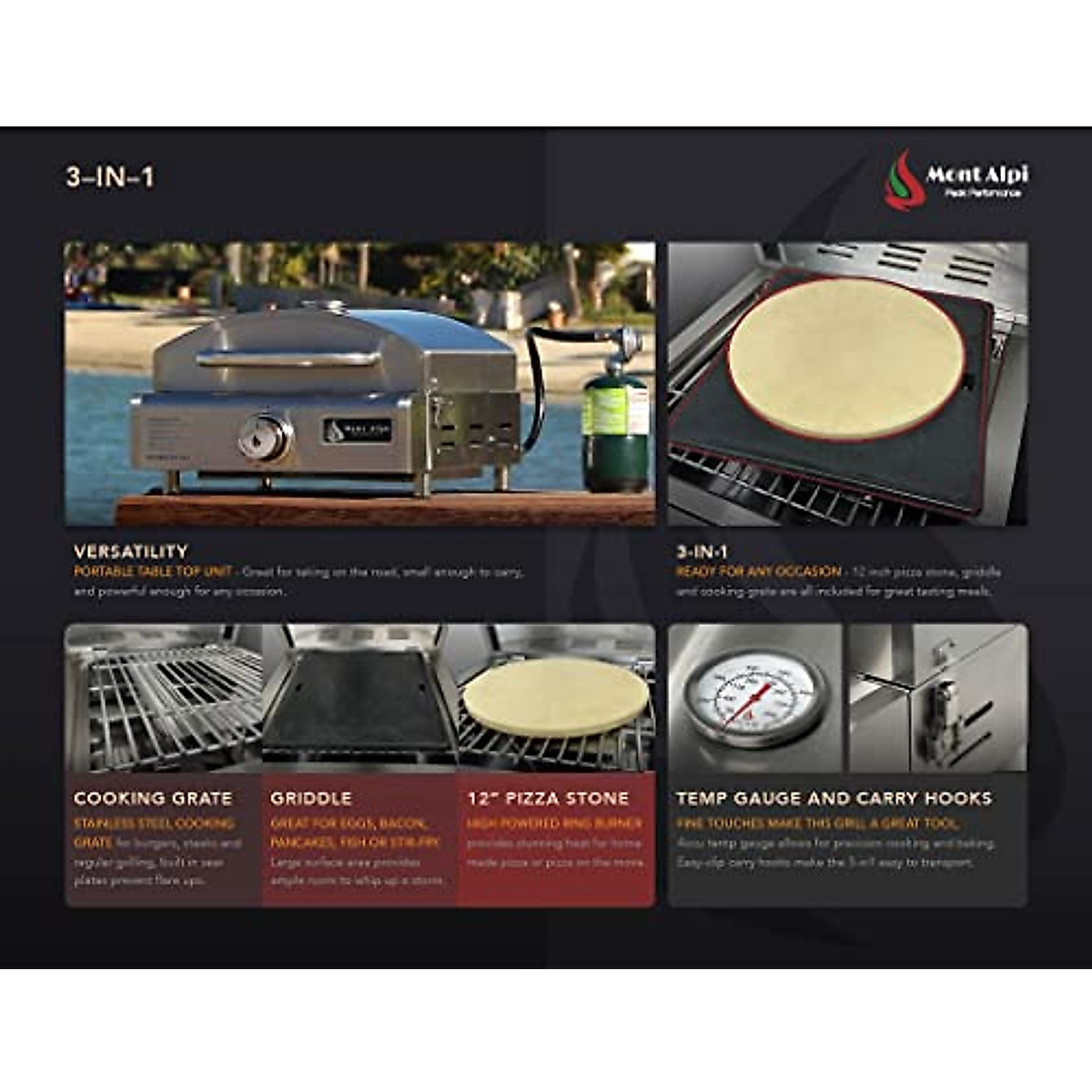 Mont Alpi MA-3N1 Multi-Fuel 12000 BTU Stainless Steel 3 in 1 Indoor Outdoor Table Top Countertop Portable Kitchen Gas Barbecue Grill Griddle & Pizza Oven + Pizza Stone & Cast Iron Skillet
