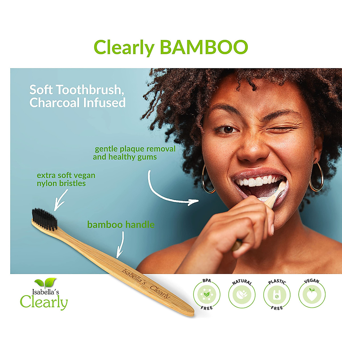 Clearly Bamboo Toothbrush Set | Extra Soft Charcoal Infused Bristles, Eco Biodegradable Wood, BPA Free Vegan Nylon | Great for Teeth Whitening, Sensitive Gums, Adults, Kids (Family Pack of 4)