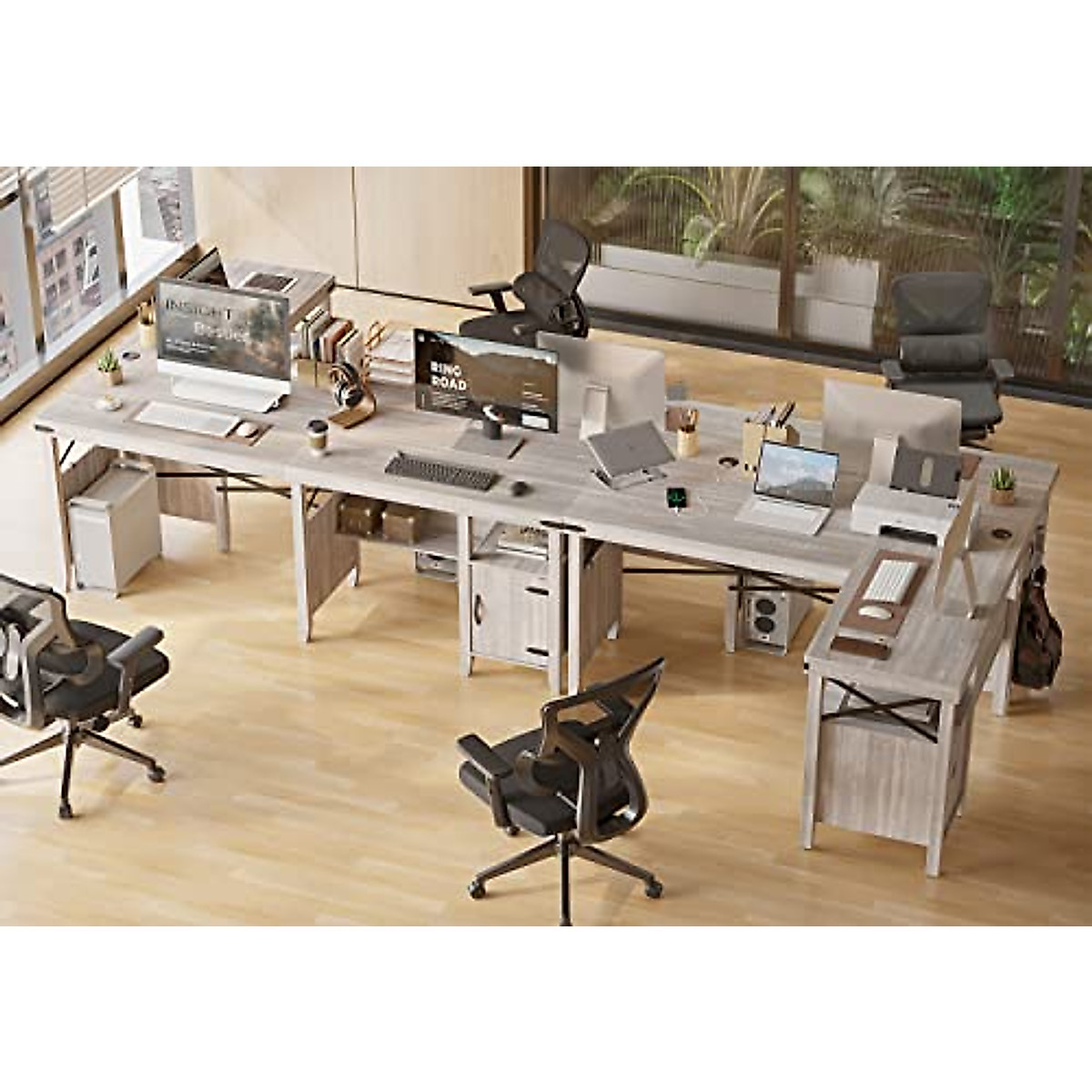 Bestier L-Shaped Home Office Computer Desk with Storage Cabinet & Bookshelf, Farmhouse Office Table for Writing Study, 60 x 42 Inch Corner Desk or 82.3 Inch 2 Person Long Desk with Shelves, White Wash