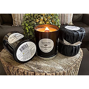 Hearthfire - Sandalwood Scented Soy Candle Infused w/Natural Oils w/ Wood Wick- Dark Sweet Creamy Aromatherapy - Hand Poured in The USA in Glossy Black Jar w/ Lid