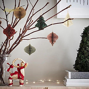 NICROLANDEE Christmas Party Decorations - 6 PCS 3D Mini Glitter Edge Paper Honeycomb Lantern Green, Red, Brown, Ivory, Gray Hanging Ornaments for Christmas Tree Décor, New Years Party, Home Decor