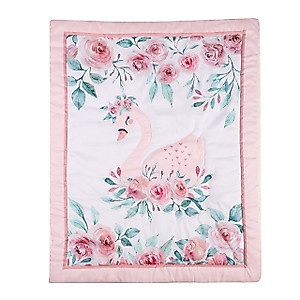 Pink Crib Sets for Baby Girls, Swan Crib Bedding Set by Sweet Baba, 5 PC Nursery Crib Set Includes Quilt/Fitted Sheet/Crib Skirt/Diaper Stacker/Blanket(Flower Theme)