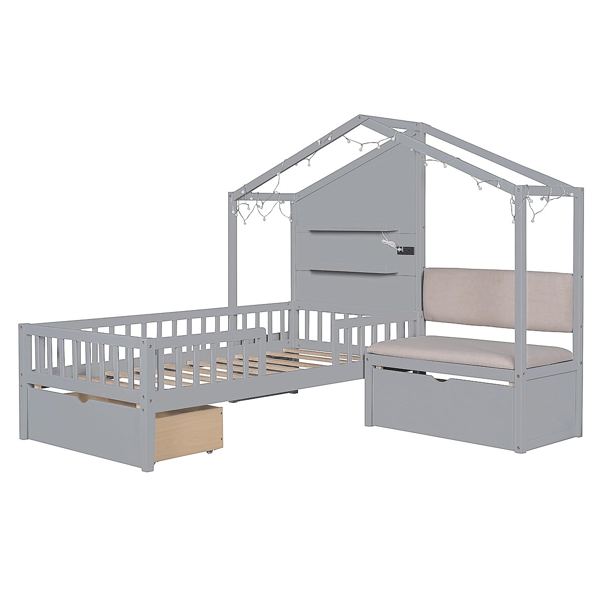 Twin House Bed for Kids, House Platform Bed with Upholstered Sofa, Charging Station, Wireless Charging, Storage Shelves and Two Drawers, Light Strip Included, Gray
