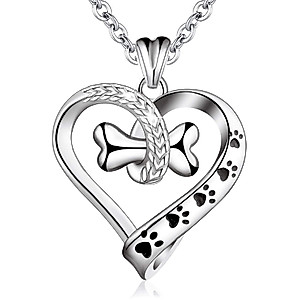 EUDORA 925 Sterling Silver Necklace Cute Dog Paws with Bone, Heart Shape Pendant 18", Gift for Dog Owner