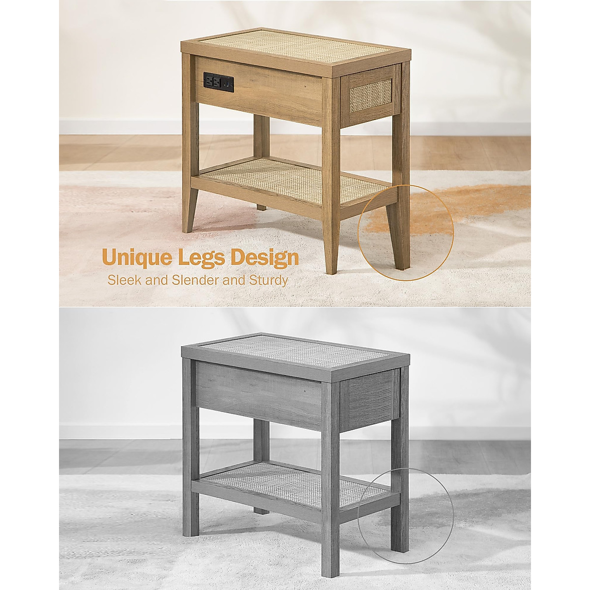 SICOTAS Rattan Nightstands Set of 2 - Boho Night Stand with Type-C Charging Station & Rattan Drawer - Bed Side Table End Table for Bedroom Living Room - Natural Oak