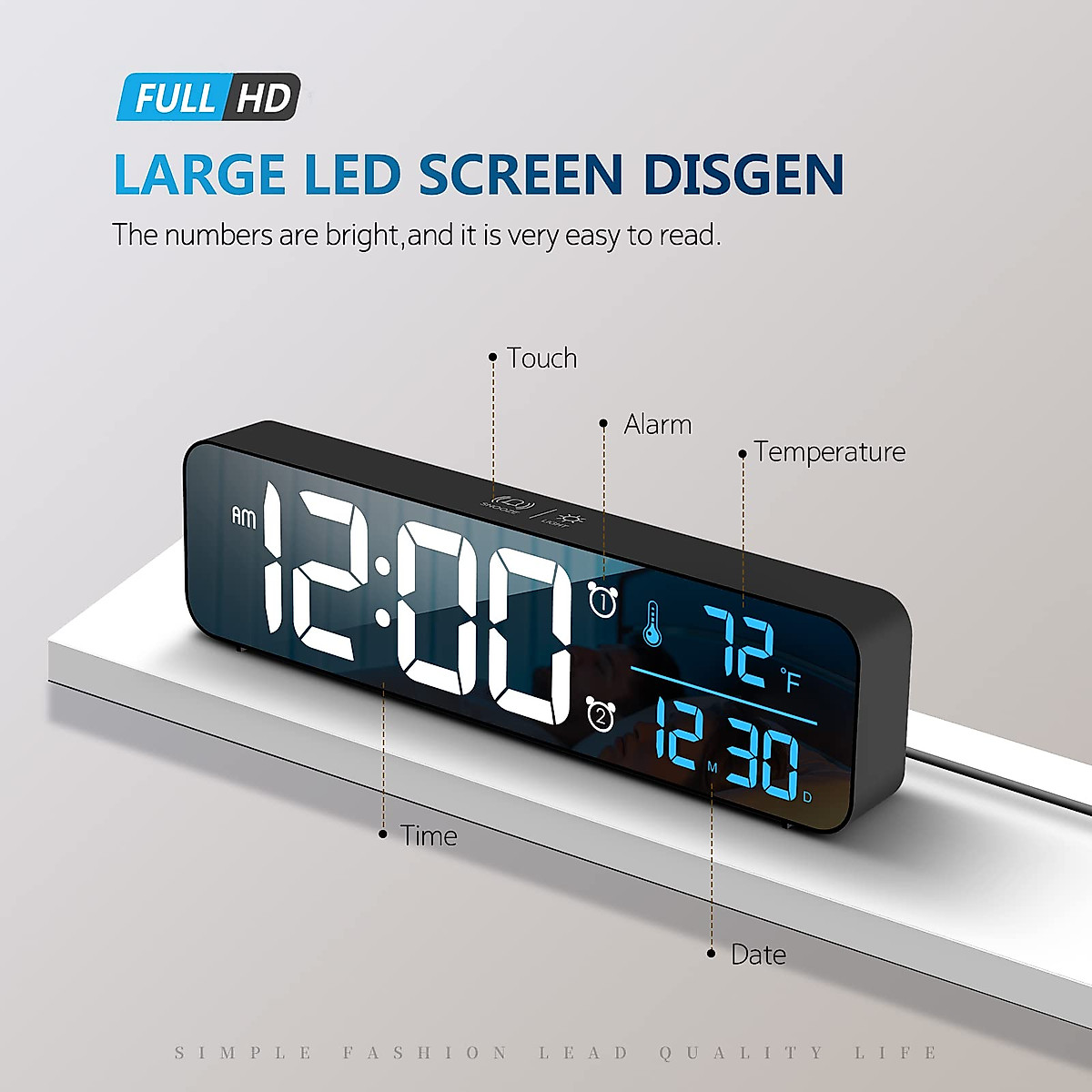 Digital Clock, Clock for Bedroom, Digital Wall Clock, Clocks for Living Room Decor, Desk Clock, Table Clock, Digital Clock Large Display, Smart Alarm Clock for Office Blue (Wired Black+Blue Digit)