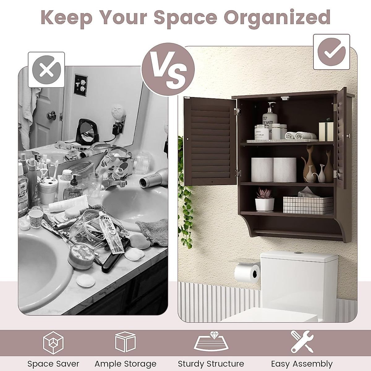 LOKO Bathroom Medicine Cabinet, Storage Cabinet with Double Louvered Doors, Wall Mounted Cabinet with Open Shelf & Towel Bar, Over The Toilet Space Saver Cabinet for Living Room Kitchen (Espresso)