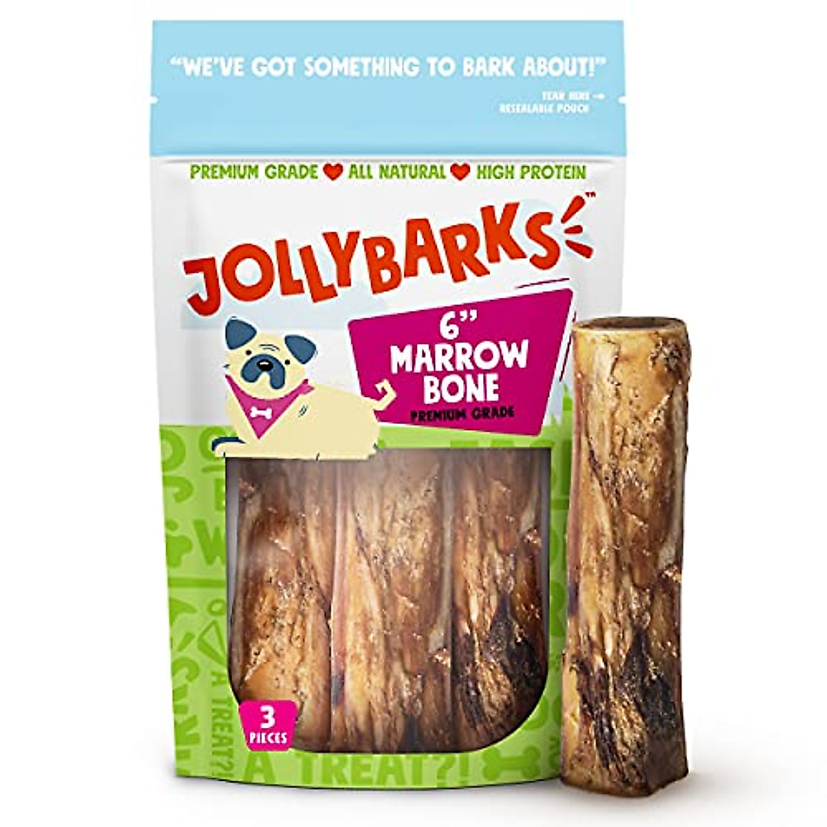 Jolly Barks Marrow Bones for Dogs 6-Inch Premium Natural Single Ingredient Odor Free Large Dog Bones - Grass Fed, Non-GMO Long Lasting Dog Bones, Dog Bones for Medium Dogs (3-Pack)