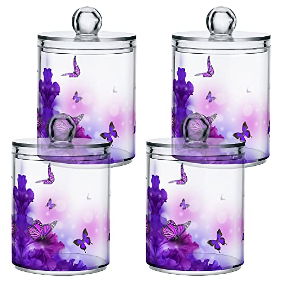 ALAZA 2 Pack Qtip Holder Dispenser Purple Butterflies Flowers Hydrangeas Iris Bathroom Organizer Canisters for Cotton Balls/Swabs/Pads/Floss,Plastic Apothecary Jars for Vanity