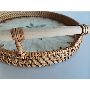 MEJEJO Set 3 Pack Round Rattan Wicker Tray with Mother of Pearl Inlay Wooden Handle for Fruit Serving, Coffee Table Tray, Vanity Tray Organizer for Kitchen, Storage and Display (Leaf)