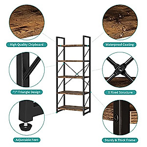 YITAHOME 5 Tiers Bookshelf, Artsy Modern Bookcase, Book Rack, Storage Rack Shelves Books Holder Organizer for Books/Movies in Living Room/Home/Office - Rustic Brown (FTOFBC-0016)