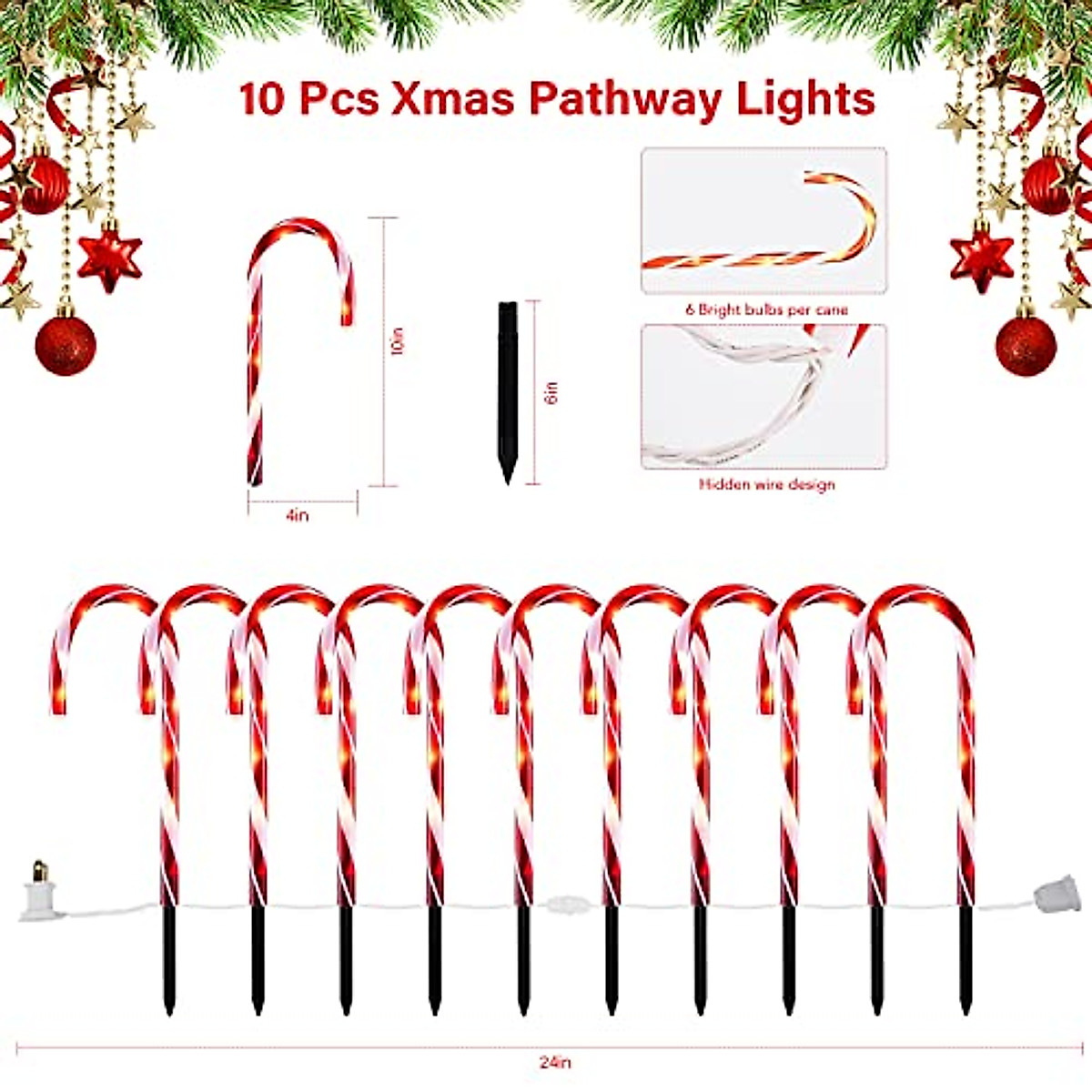 Twinkle Star Christmas Candy Cane Lights, 10 Pcs Christmas Pathway Markers with 60 Count Incandescent Warm White Fairy Lights for Outdoor Holiday Walkway Patio Garden Christmas Decorations