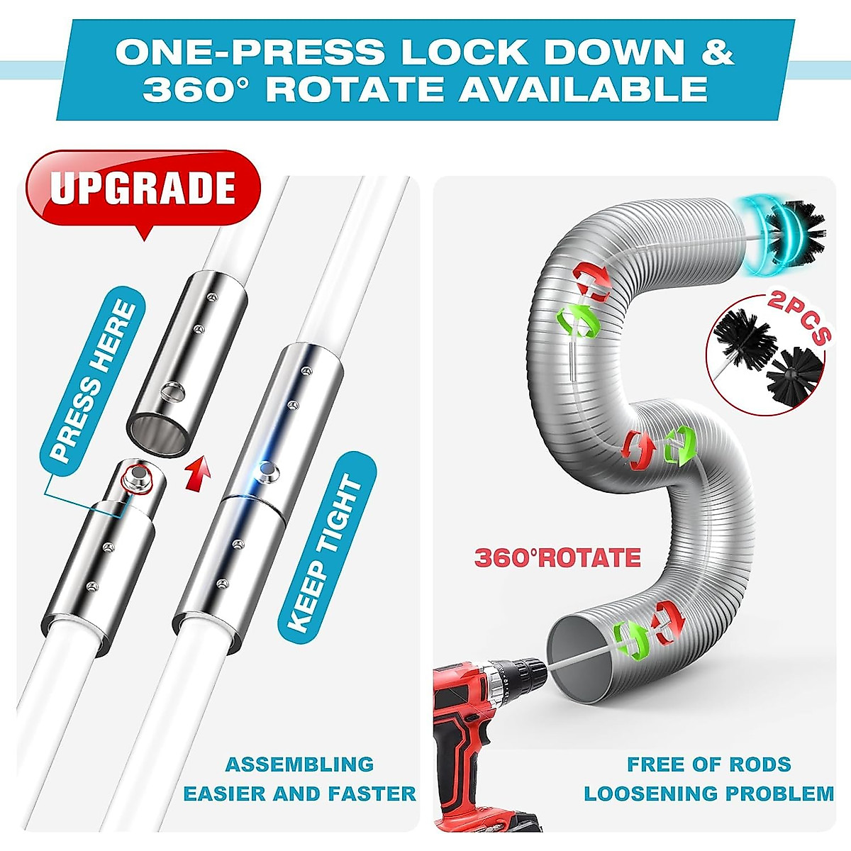 Sealegend 15 FEET Dryer Vent Cleaner Kit Double Synthetic Brush Head Upgraded Flexible Quick Snap Brush with Drill Attachment Extend Up to 15 FEET for Easy Cleaning Use with or Without a Power Drill