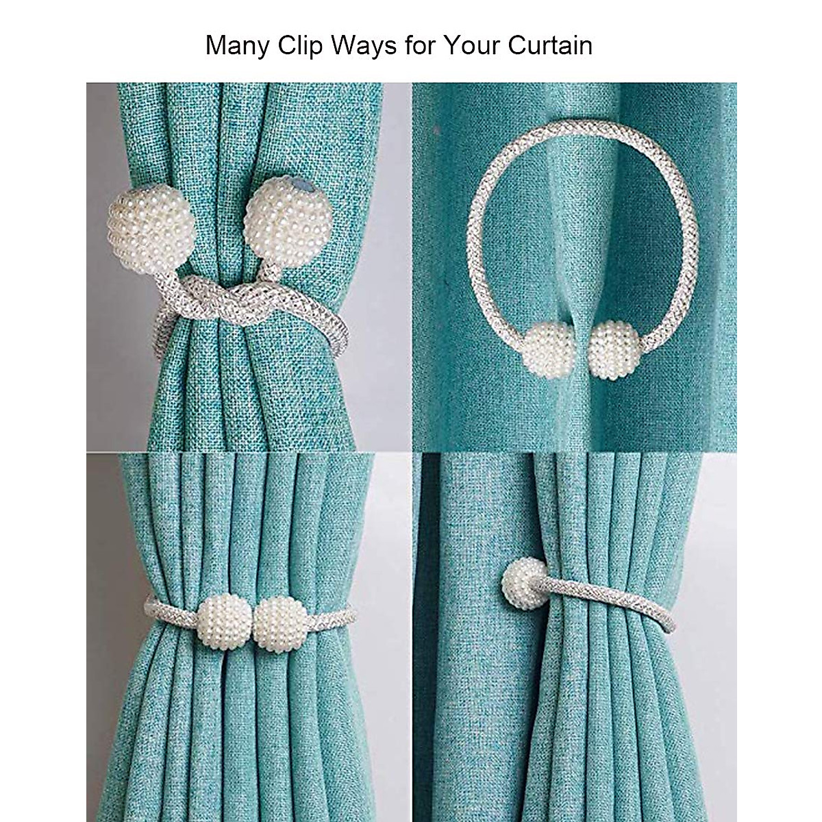 Pinowu Magnetic Curtain Tiebacks Convenient Drape Tie Backs (4pcs), Pearl Decorative Holdback Rope Holder for Small, Thin or Sheer Window Draperies (Gray)