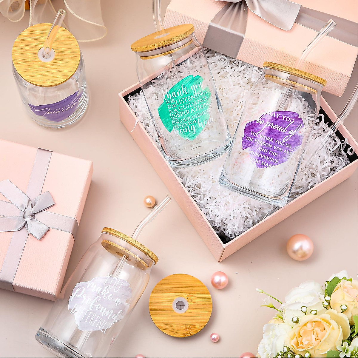 Funnymoom 10 Pcs Team Employee Christmas Appreciation Gifts 17 oz Thank You Gifts Glass Cups with Lids Straws Drinking Cup Medical Assistant Week Gifts for Emergency Nurses Accounting Women