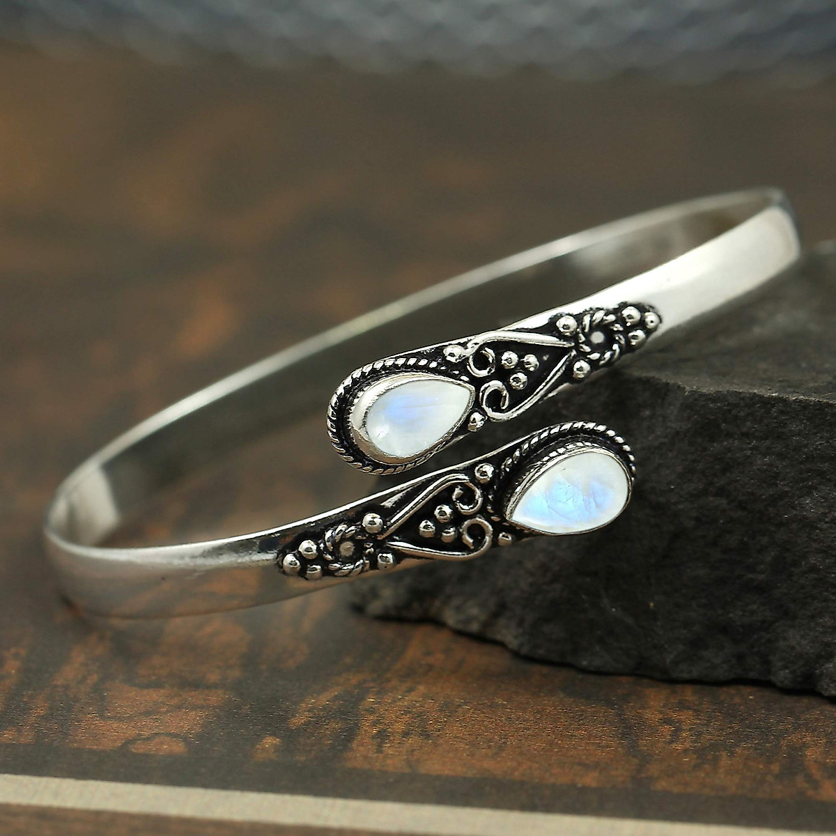 3.05 Cts Moonstone Bangle For Women Silver Overlay Handmade Vintage Boho Style Jewelry Mother'S Day Gifts For Mom Wife