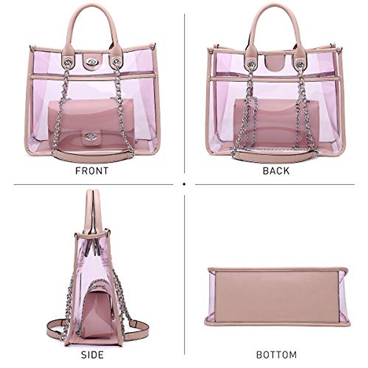 Large Clear Tote Bag PVC Top Handle Shoulder Bag 2 Pieces Set With Turn Lock Closure (Blue)