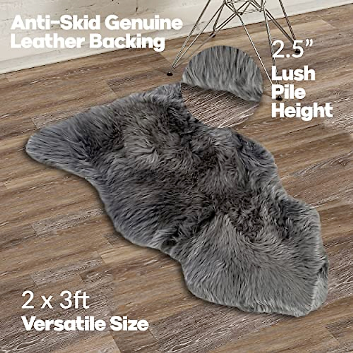 Natural Sheepskin Rug with Thick and Lush 2.5 Inch Pile | Fluffy, Hypoallergenic Sheep Fur Rug with Anti-Skid Back | 2 x 3 ft Small Sheepskin Wool Area Rugs, Grey