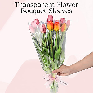 NUOMI 100 Pcs Flower Bouquet Bag Plastic Wrapping Bags with Lace Decor Disposable Cellophane Floral Bouquet Sleeve for Wedding, Mother's Day, Birthday, Holiday, Valentine, 19 Inch