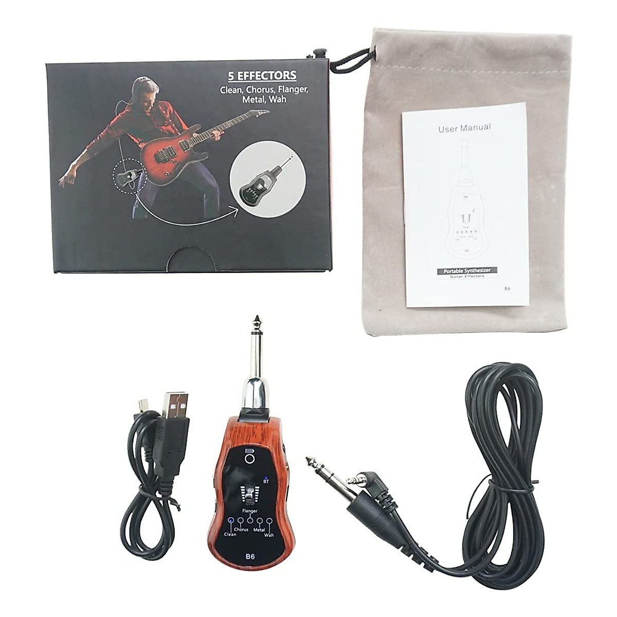 OW Portable Guitar Headphone Amp Synthesizer Pocket Guitar Plug Guitar Amplifier Rechargeable for Electric Guitar with Bluetooth Receiver Support 5 Effects: Clean/Chorus/Flanger/Metal/Wah