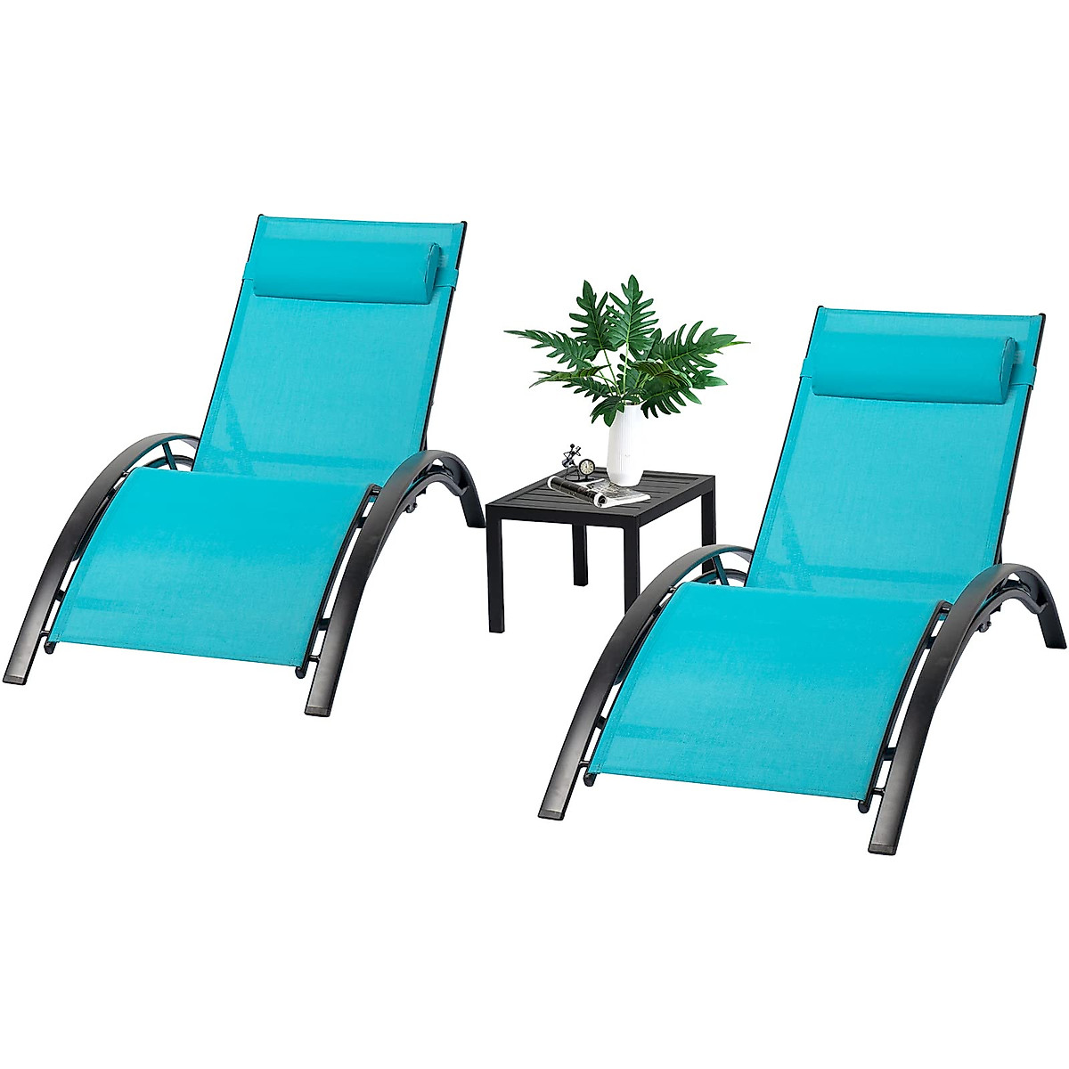VARVIND Patio Chaise Lounge Chair Set of 3,Aluminum Outdoor Lounge Chair with Headrest,Sunbathing Lounger,Pool Tanning Chairs,Armrest Recliner Chiar with Side Table for Beach,Garden，Lawn(Blue)