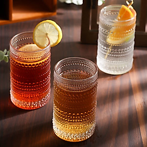 Swetwiny 4 Pack Hobnail Drinking Glasses, 12 Ounce Vintage Drinking Glasses, Old Fashioned Glassware Highball Glasses Water Glasses for Cocktail Whiskey Bear Coffee