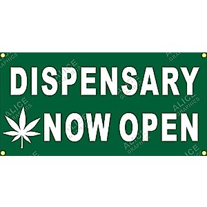 22" X 44" DISPENSARY NOW OPEN Vinyl Banner Sign (Design #3), Existing Text Change Available (Optional)