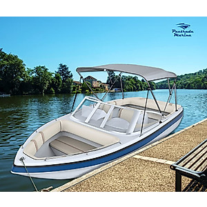 Pactrade Marine Boat 3 Bow Big Bimini Top Canopy Cover UV Waterproof Grey Canvas 600D Oxford Fabric PU Coating Aluminum Poles Straps