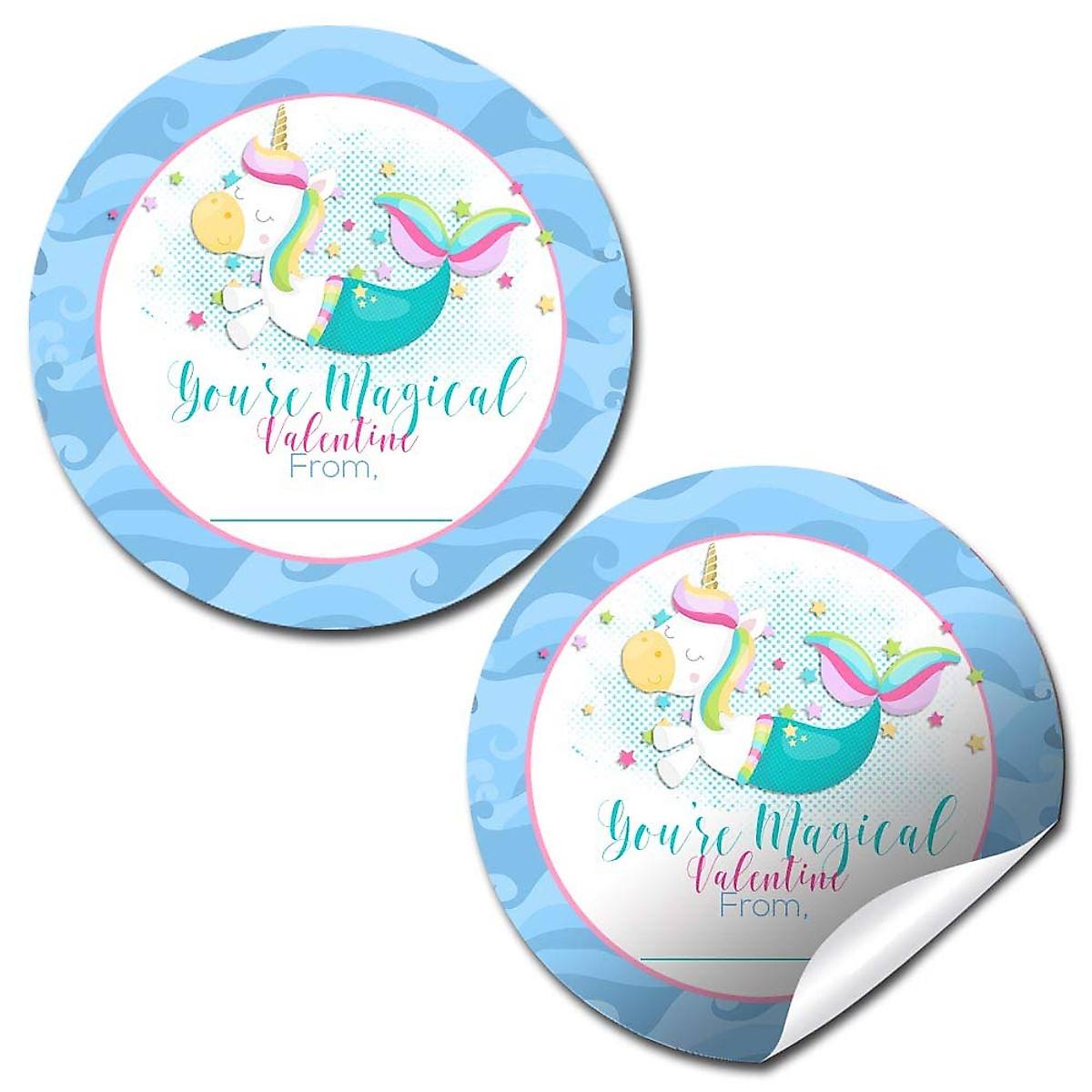 Magical Mermaid Unicorn Valentine Party Favor Sticker Labels, 40 2" Party Circle Stickers by AmandaCreation, Great for Classroom Valentines, Envelope Seals, Gifts & Treats