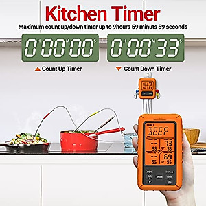 ingstek Wireless Meat Thermometer, Backlight Timer and Temp Alarm Function with 4 Probes Grill Thermometer, 400ft Remote Monitor, for Cooking, BBQ and Smoker