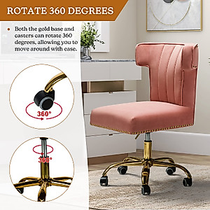 HULALA HOME Velvet Office Chair with Wingback and Decorative Nailhead, Adjustable Swivel Modern Armless Desk Chair, Cute Vanity Chair for Women (Gold Base, Fushia)