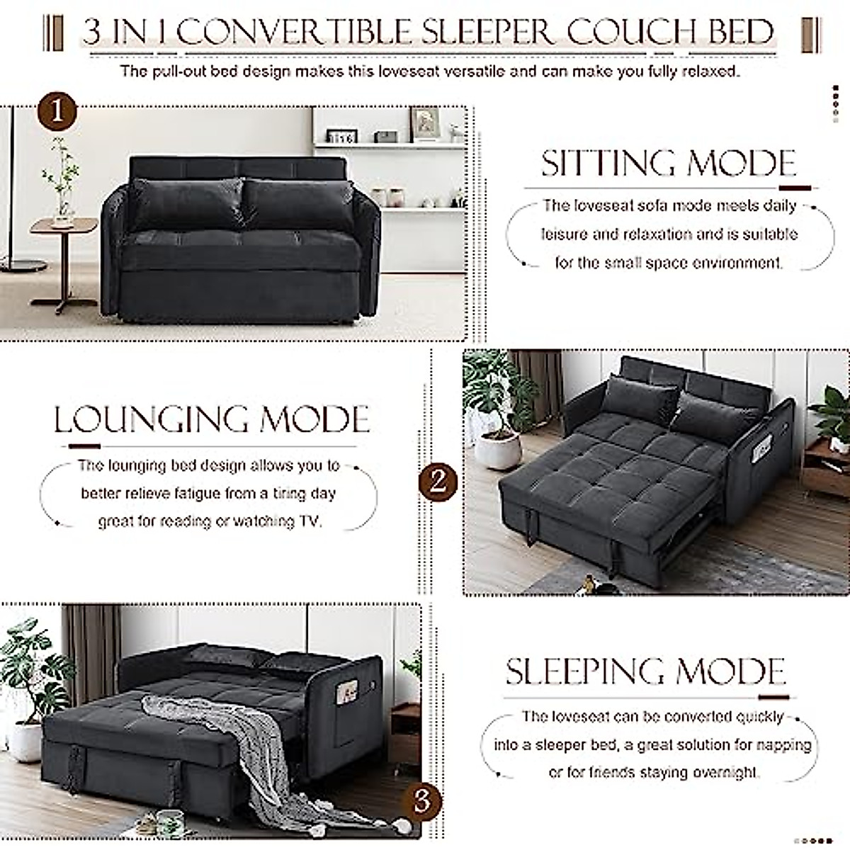 Velvet Pull Out Sleeper Sofa Bed with USB Ports, Convertible Futon Couch with Adjustable Backrest, 3 in 1 Modern Loveseat with 2 Pockets and Pillows, Small Love Seat for Living Room, Office, Black