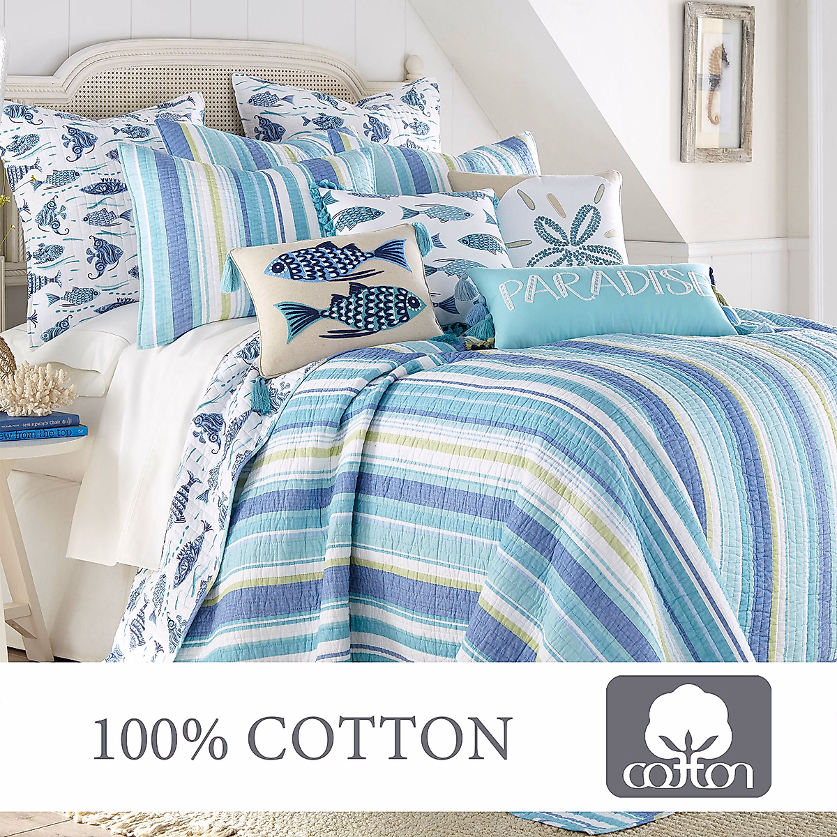 Levtex Home Laida Beach Bedding Set - 3Piece, Blue, Cotton, King Quilt & 2 Shams, Reversible, Coastal Stripe, Tropical Fish