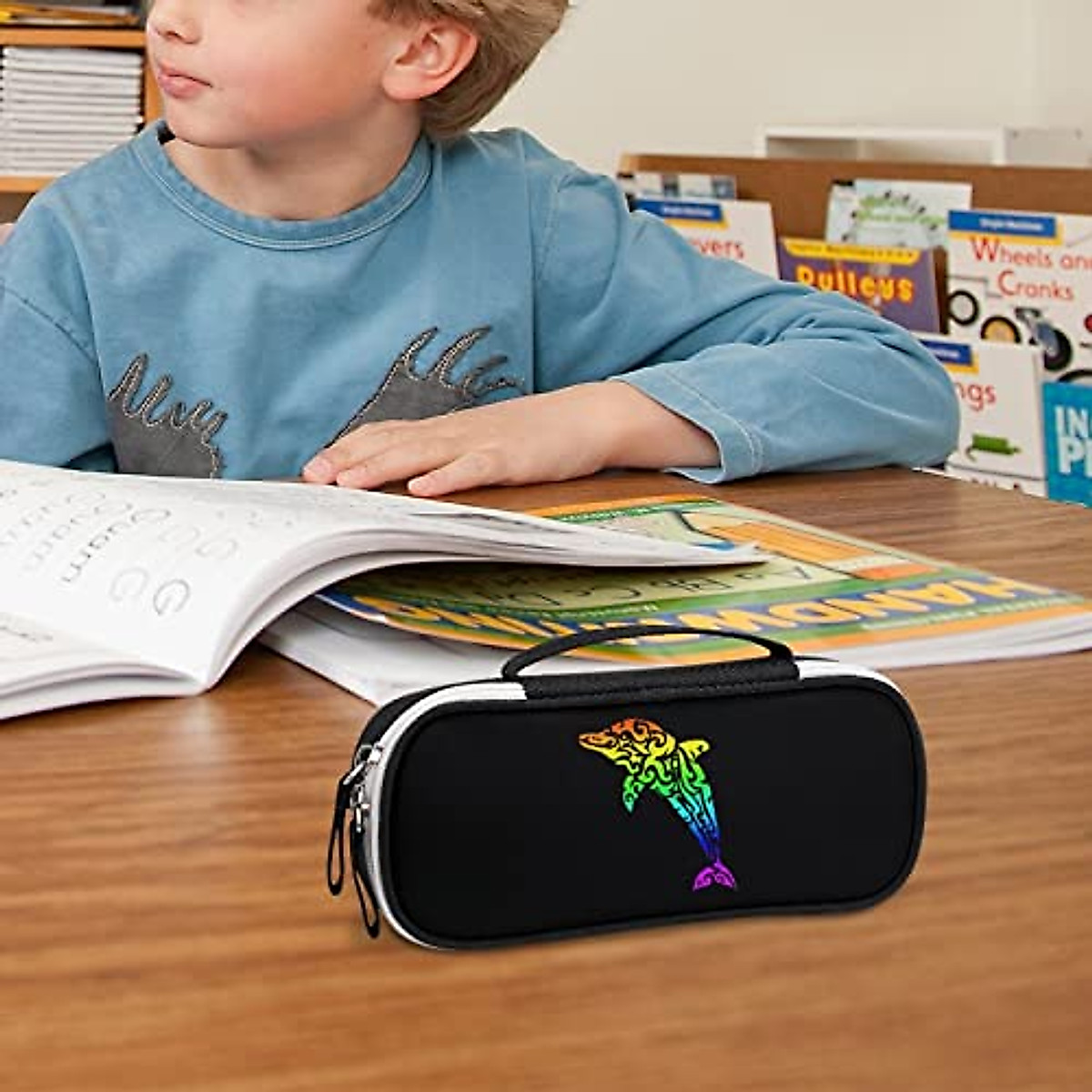 Rainbow Dolphin Printed Pencil Case Bag Stationery Pouch with Handle Portable Makeup Bag Desk Organizer