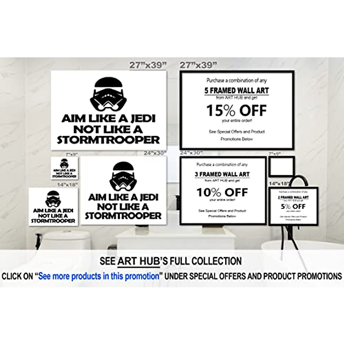 Aim Like A Jedi Not Like A Stormtrooper Bathroom Sign Decor - FRAMED - Home Decor Wall Art, Gallery Wrap Inner Frame, White, 7x9