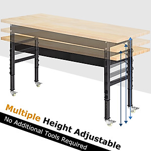 60" Adjustable Work Bench, Rubber Wood Top Workbench Heavy-Duty Work Table with Power Outlet with Wheels, 2000 LBS Load Capacity Hardwood Work Benches for Garage, Workshop, Home, Office, Easy Assembly