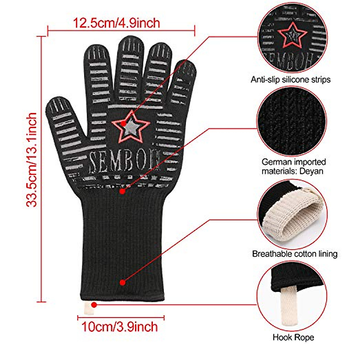 932℉ Extreme Heat Resistant Gloves, Silicone Oven Mitts for Kitchen - High Heat BBQ Gloves for Grilling, Large Oven Gloves for Men, Long Grill Gloves for Cooking, Grilling Mitts (Black, Normal)