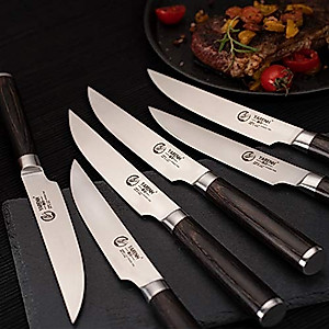 YARENH 6-Piece Steak Knife Set with 5-inch Sharp Blades,Non-Serrated,Made of German High-Carbon Stainless Steel,and Black Pakkawood Handles,Fruit Paring Knife Set