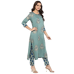 Janasya Indian Women's Tunic Tops Rayon Kurti Set for Women(SET094-KR-NP-S) Turquoise
