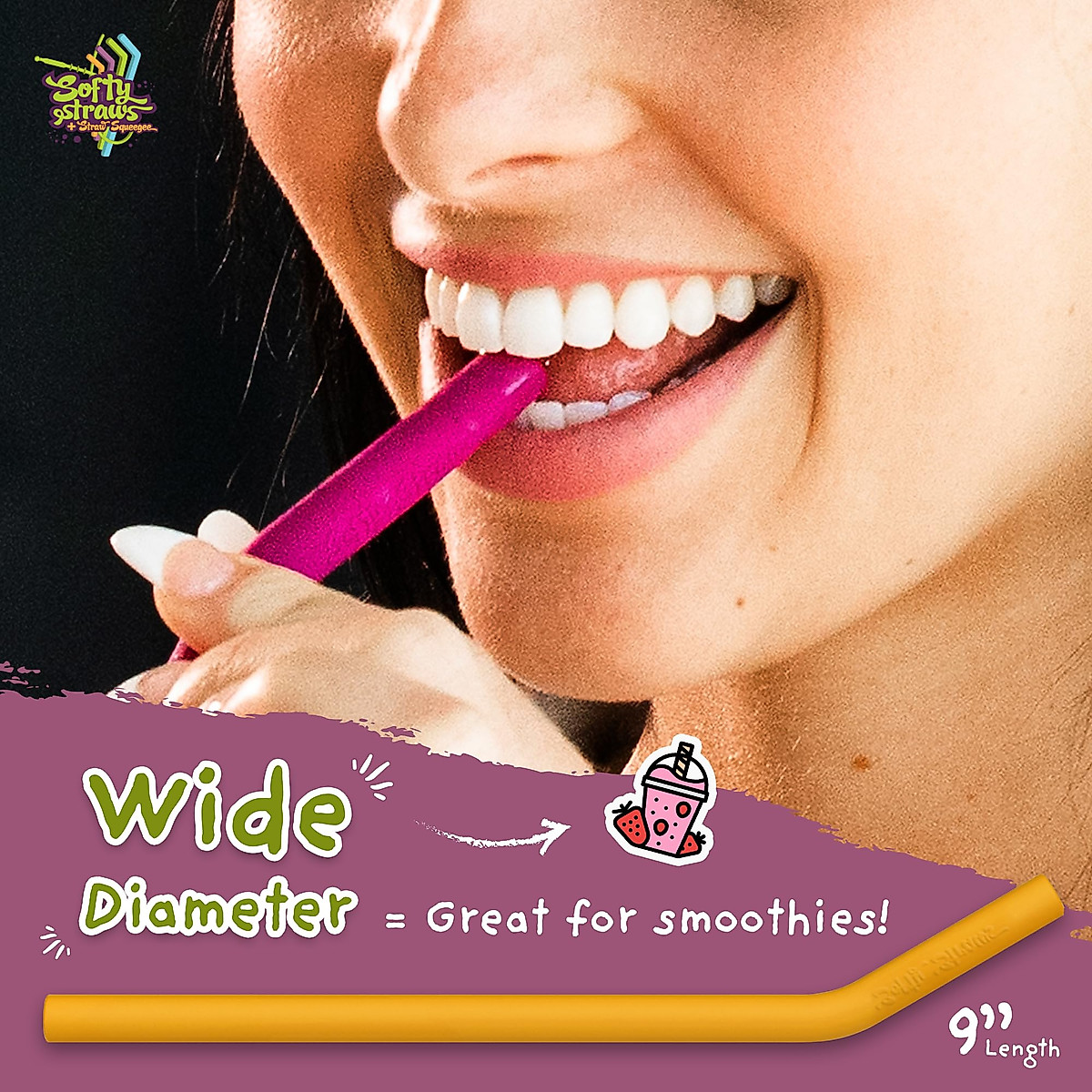 Softy Straws Premium Reusable Silicone Drinking Straws + Patented Straw Squeegee - 9” Long With Curved Bend for 20/30/32oz Tumblers - BPA Free (Non-Rubber), Flexible, Bendy, Safe for Kids / Toddlers