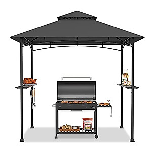 Tangkula 8x5 Ft Grill Gazebo, Double Tiered Outdoor BBQ Gazebo with 2 Side Shelves, 5 Hooks, Bottle Opener, Barbecue Grill Gazebo Shelter for Patio, Garden, Beach, Backyard (Gray)