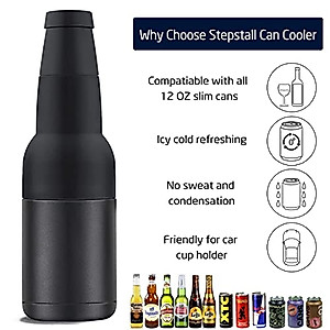 Stepstall Beer Gifts for Men, Beer Bottle and Can Cooler with Beer Opener, 12 oz. Slim Can Beer Bottle Insulators Holder, Vacuum Insulated Double Walled Stainless Steel(Matte Black)