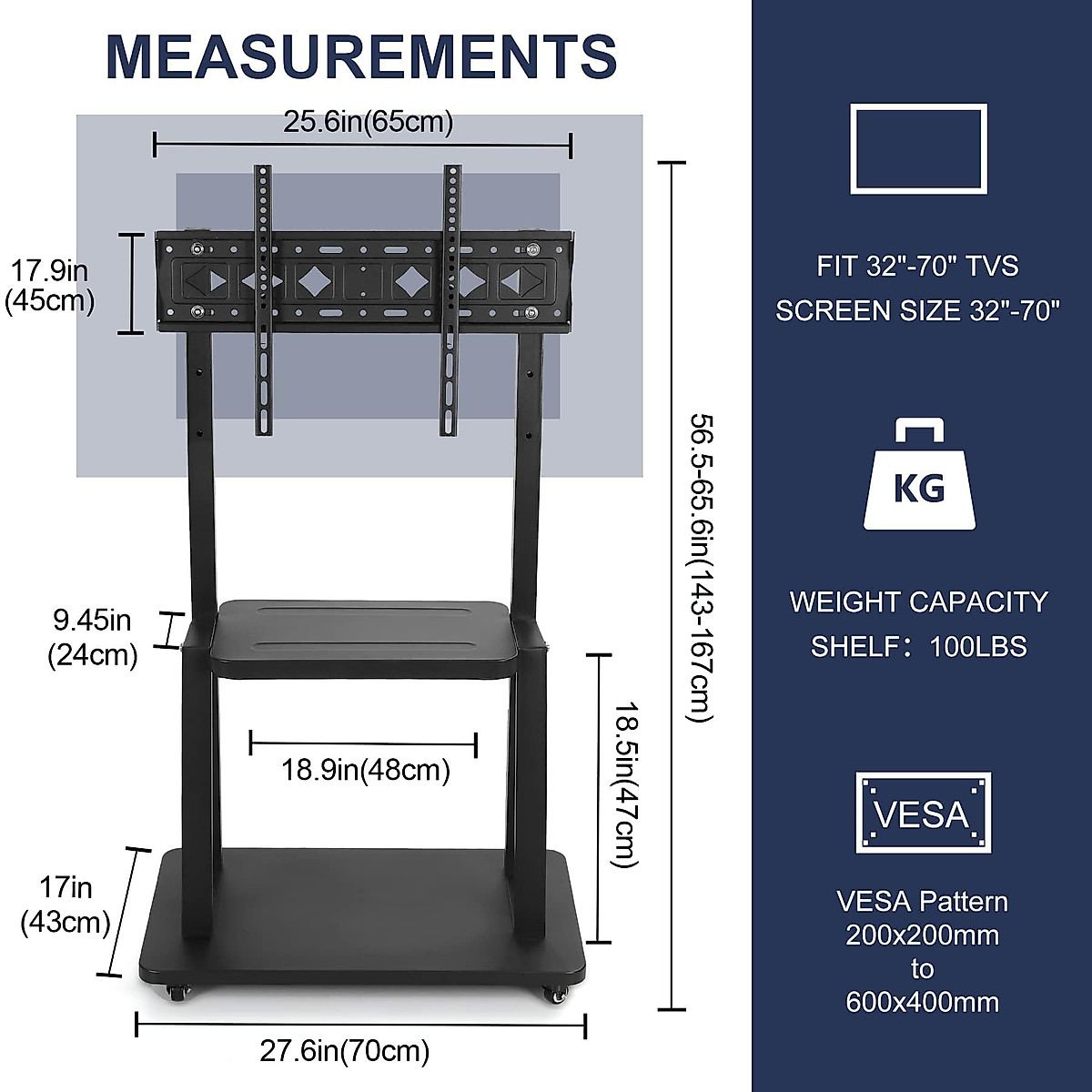 Maiproo Mobile TV Cart Rolling Floor Stand for 32-70 Inch LCD LED OLED Flat Panel Screens Smartboard Movable Holds up to 100lbs with Shelf Locking Wheel Height Ajustable Heavy-Duty