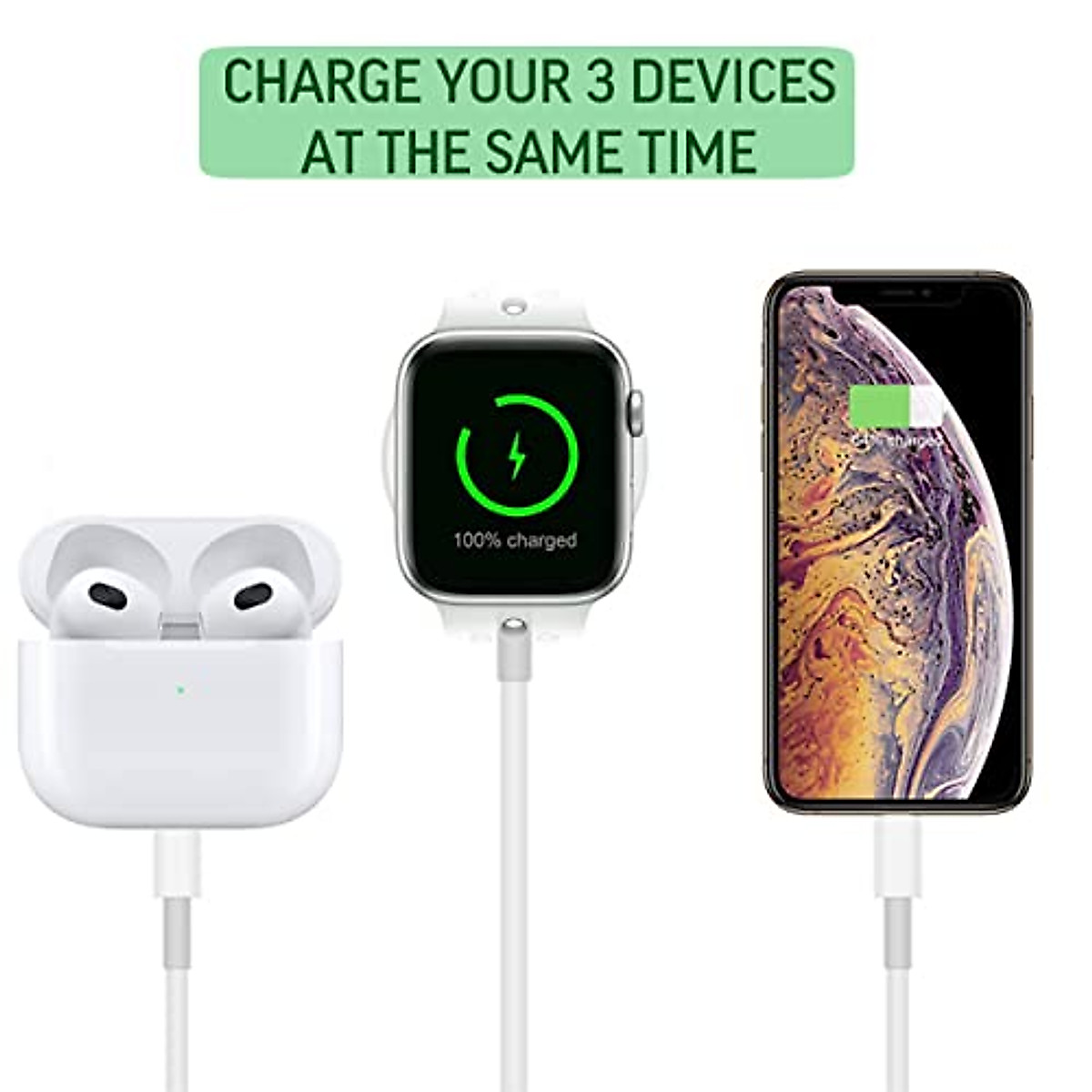 3 in 1 Watch and Phone Charger Cables, 4FT USB Multi Fast Charging Cord Compatible with Apple iPhone 14/13/12/11/Pro/Max/XR/XS/XS Max/X, iWatch Series 8/7/6/SE/5/4/3/2/1, Airpods and iPad Series