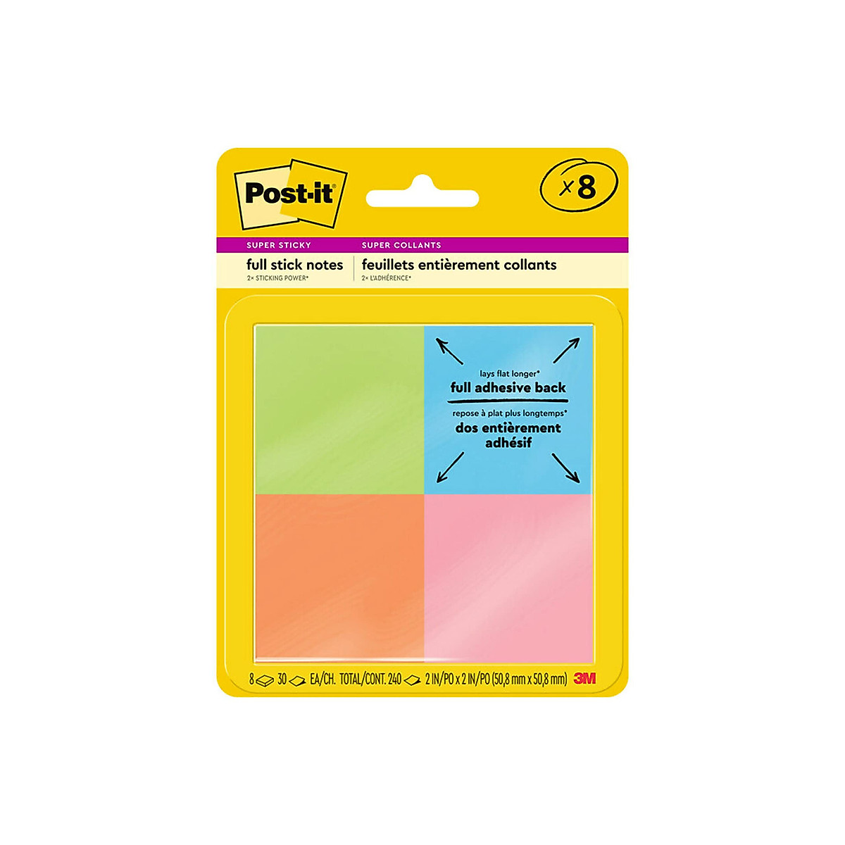 Post-it Super Sticky Full Stick Notes, 2x2 in, 8 Pads, 2x the Sticking Power, Energy Boost Collection, Bright Colors (Orange, Pink, Blue, Green), Recyclable (F220-8SSAU)